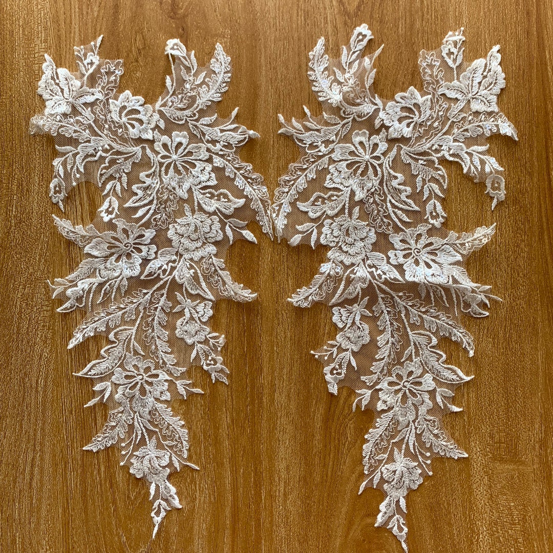 Light Ivory Paired Floral Bridal Lace Motif, Sequins Bridal Gown ...