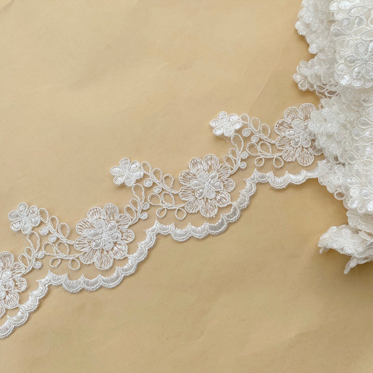 Fancy 8cm Wide Floral Embroidery Ivory Bridal Hem Lace Trim, Wedding ...