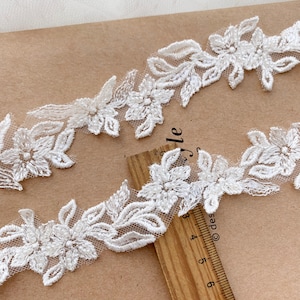 Fancy 3cm Wide Floral Embroidery Sequined Beaded Light Ivory Bridal Hem ...