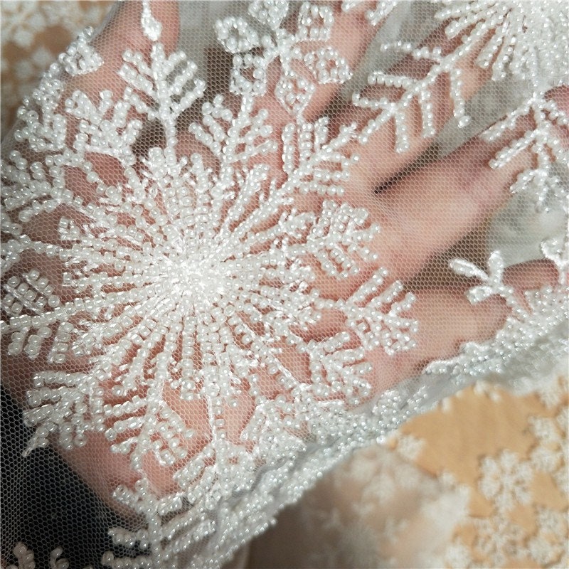 Luxury Heavy Beaded Bridal Lace Fabric Full Snowflakes Design | Etsy