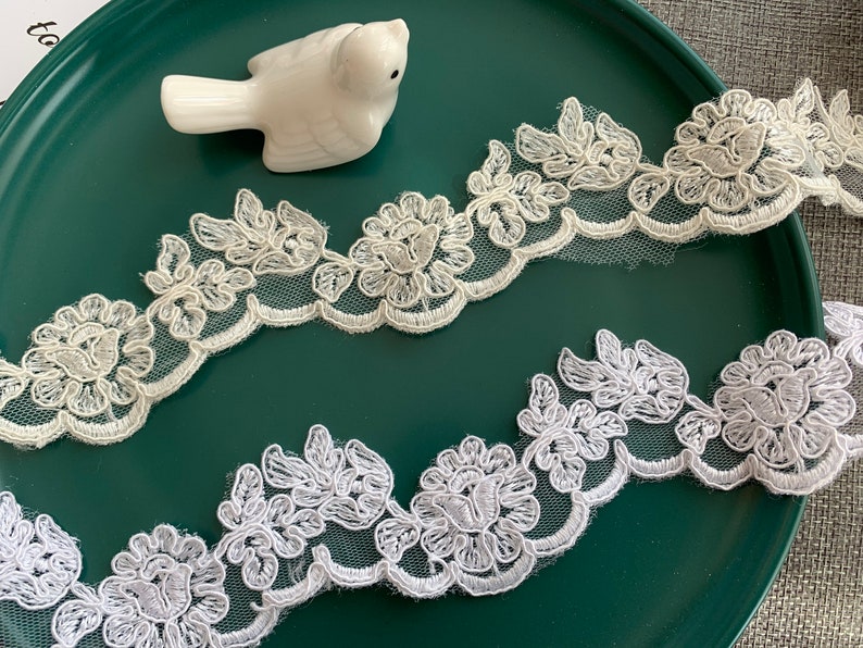 2'' Width Narrow Corded Alencon Embroidery Pure White and Ivory Bridal ...