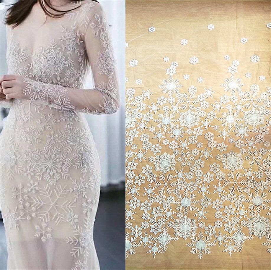 Luxury Heavy Beaded Bridal Lace Fabric Full Snowflakes Design | Etsy