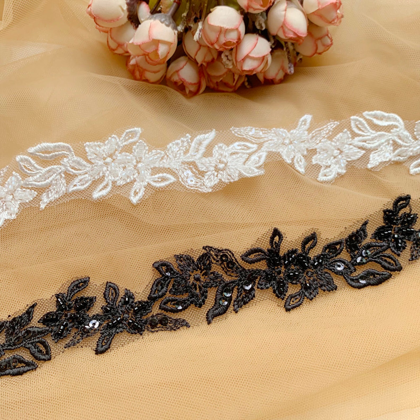 Fancy 3cm Wide Floral Embroidery Sequined Beaded Light Ivory Bridal Hem ...