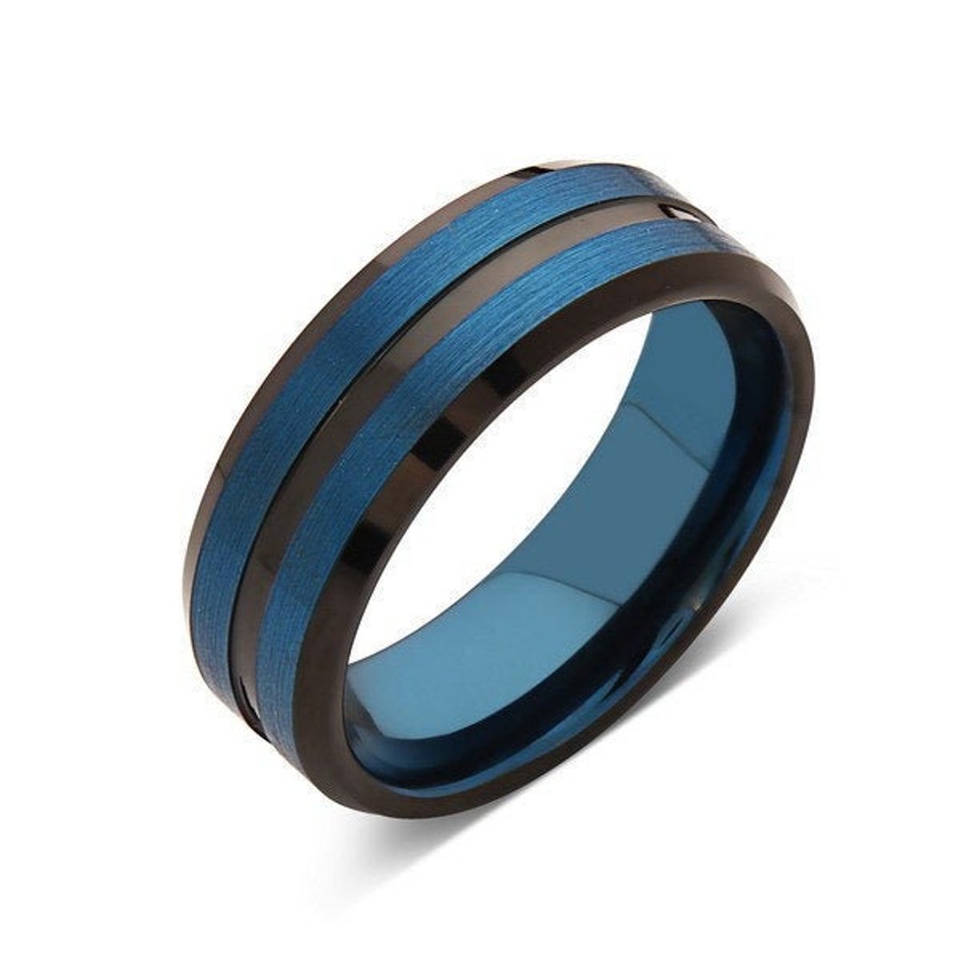 Blue Mens Wedding Band Matt Blue Brushed Tungsten Ring Designer Jewelry ...