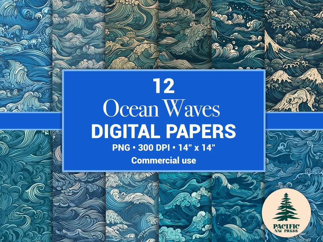 Ocean Waves Seamless Print Digital Paper. Waves Seamless Pattern Set ...