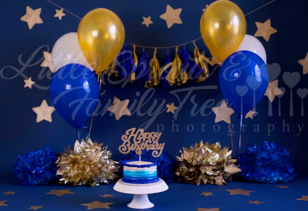 Blue and Gold Digital Background Backdrop Cake Smash Set for First ...