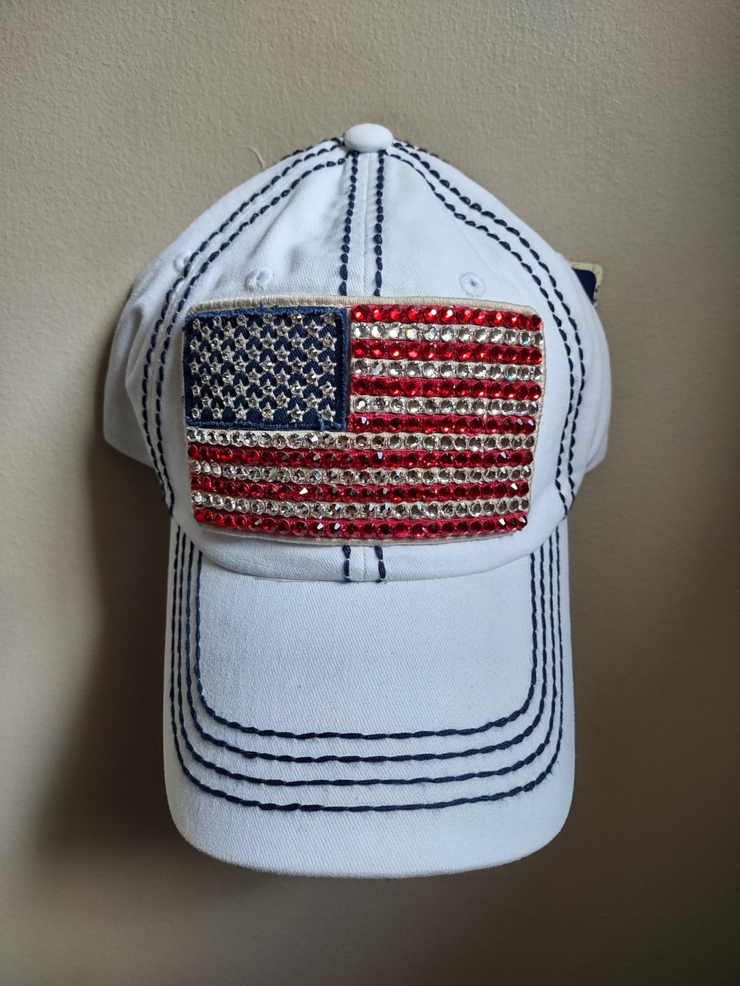 Bling Crystal American Flag White Adjustable Hat | USA Bling Hat | Accented With Preciosa Maxima ...