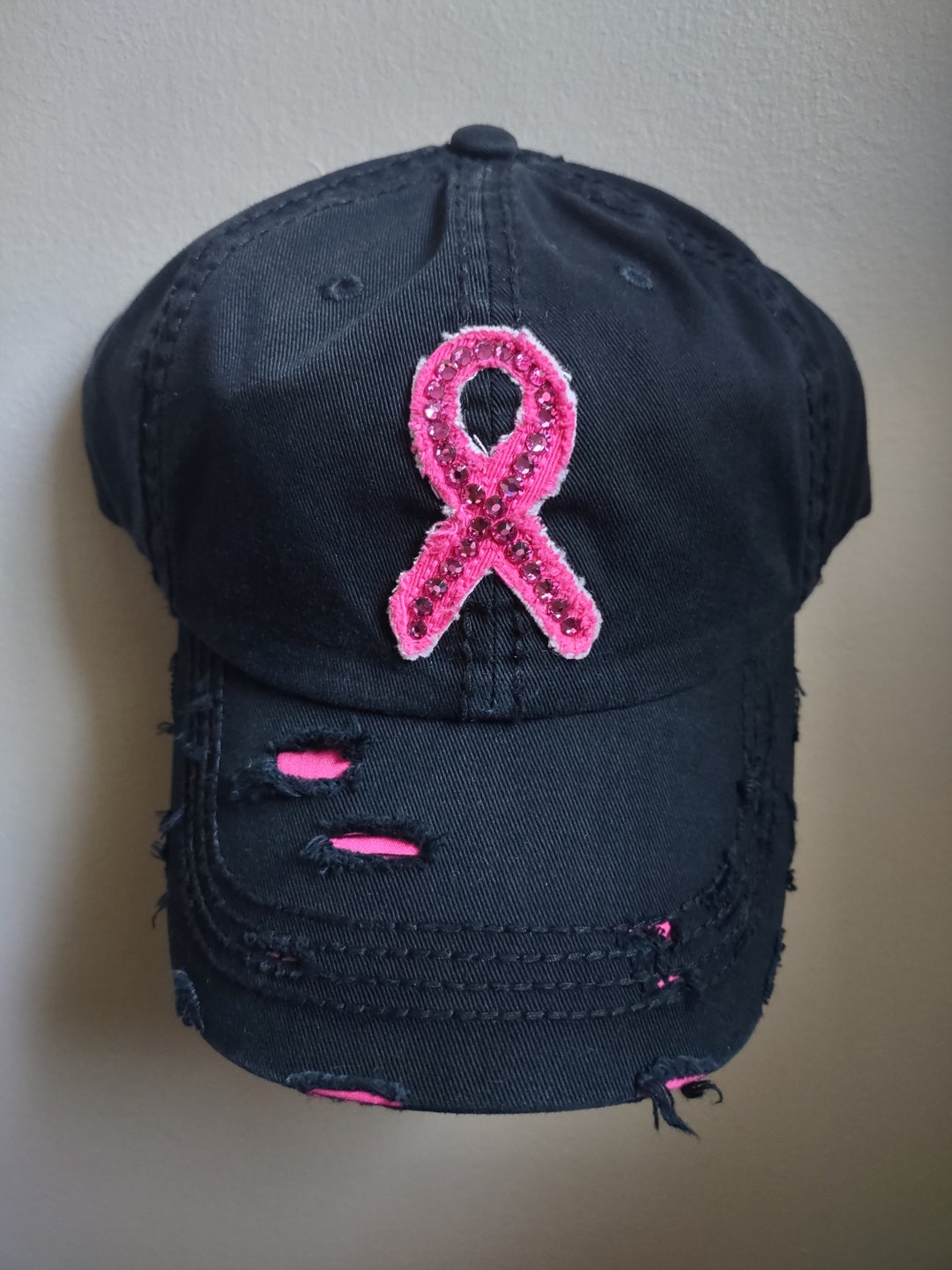 Bling Crystal Breast Cancer Ribbon Black Hat Pink Ribbon Bling Hat ...