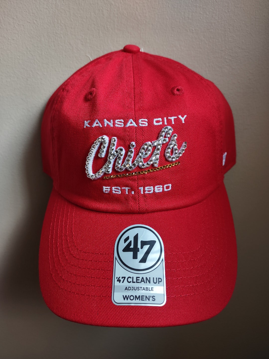 Bling Crystal Kansas City Chiefs Script Adjustable Red Hat NFL Football ...
