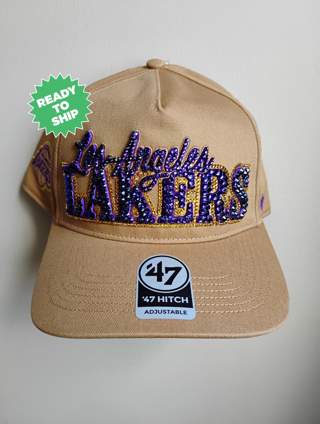 Bling Crystal LA Lakers Tan Script Adjustable Hitch Hat | NBA Bling Hat ...