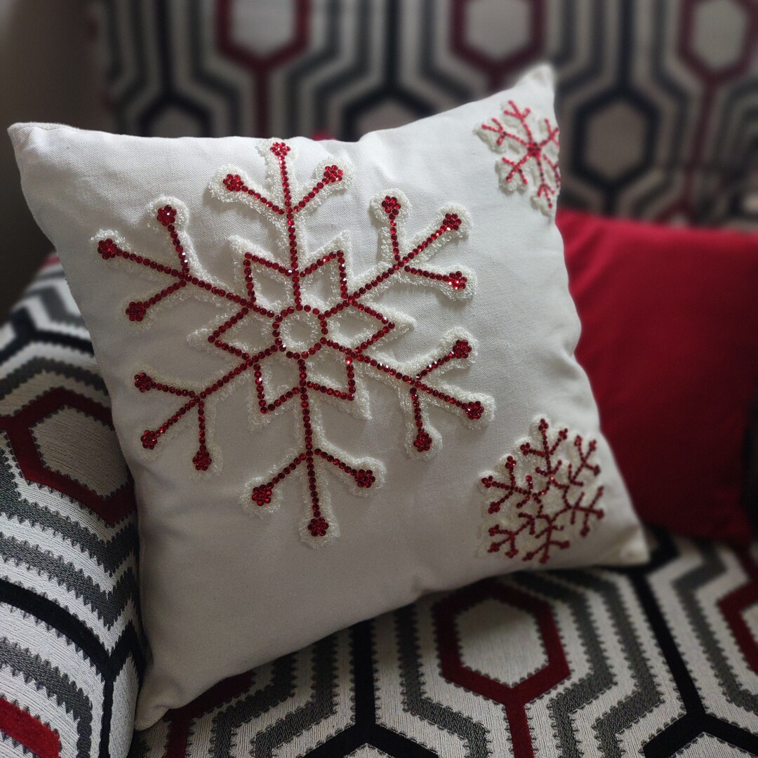 Crystal Snowflake White & Red Accent Pillow | Rhinestone Snowflake ...