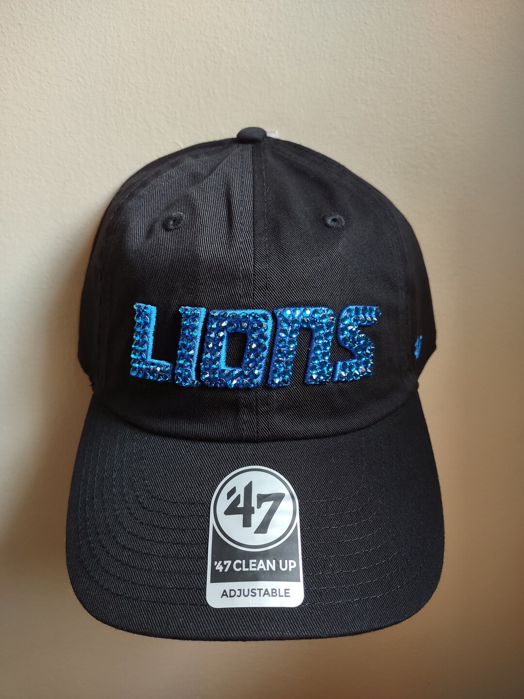 Bling Crystal Detroit Lions Script Black Adjustable Hat NFL Football ...