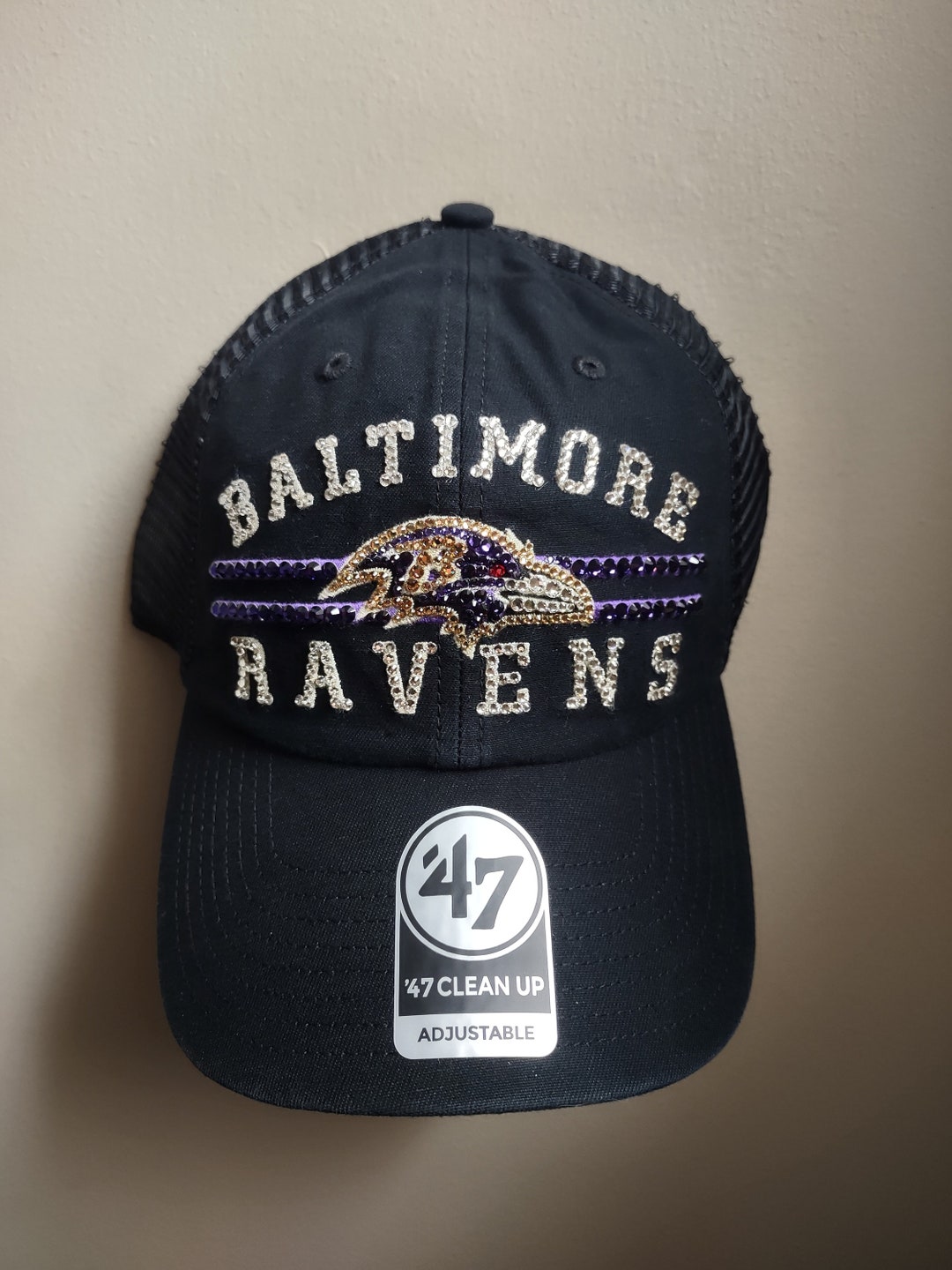 Bling Crystal Baltimore Ravens Script Black Mesh Back Adjustable Hat ...