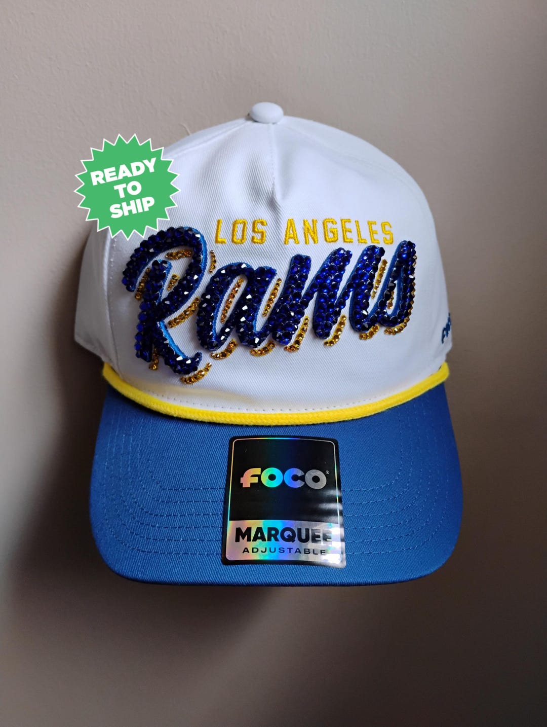 Bling Crystal Los Angeles Rams Script Two Tone Adjustable Hat | NFL ...