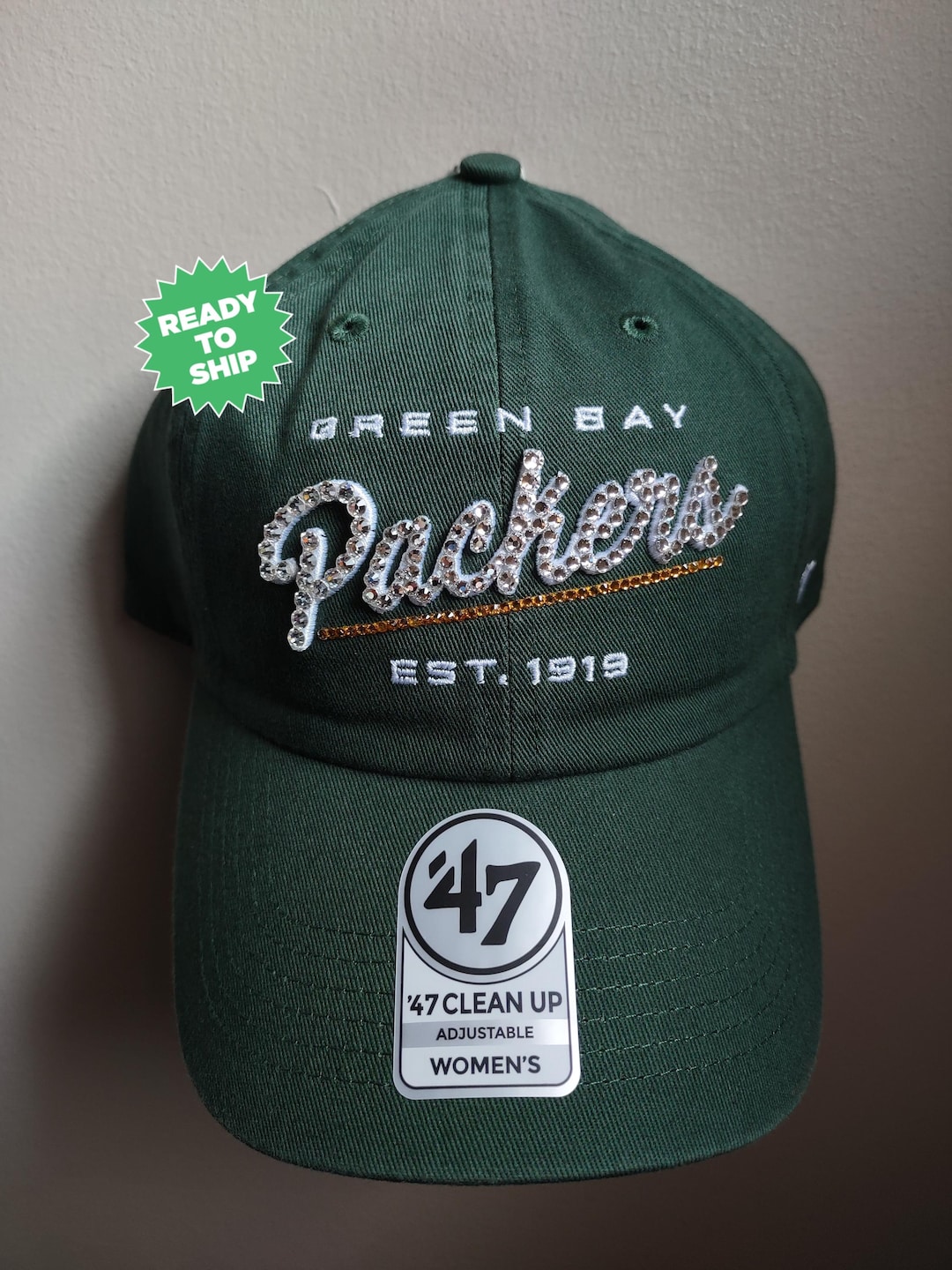 Bling Crystal Green Bay Packers Script Green Adjustable Hat | NFL ...