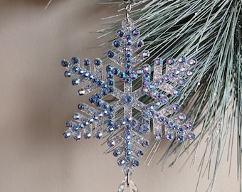 Bling Crystal Blue Iridescent Snowflake Ornament | Silver Glitter Resin ...