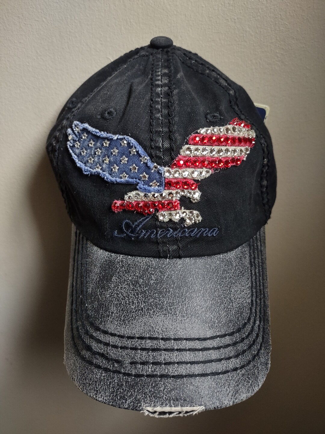 Bling Crystal American Flag Eagle Distressed Black Adjustable Hat | USA Bling Hat | Accented ...