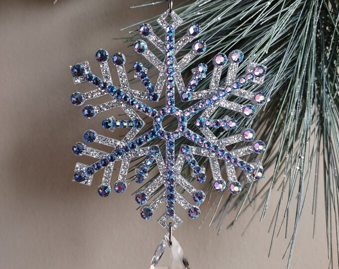 Bling Crystal Blue Iridescent Snowflake Ornament | Silver Glitter Resin ...