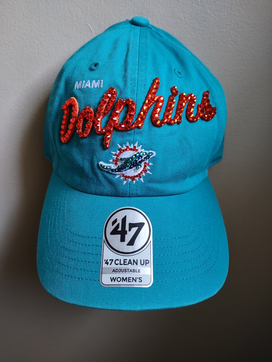 Bling Crystal Miami Dolphins Teal Script Adjustable Hat NFL Football ...