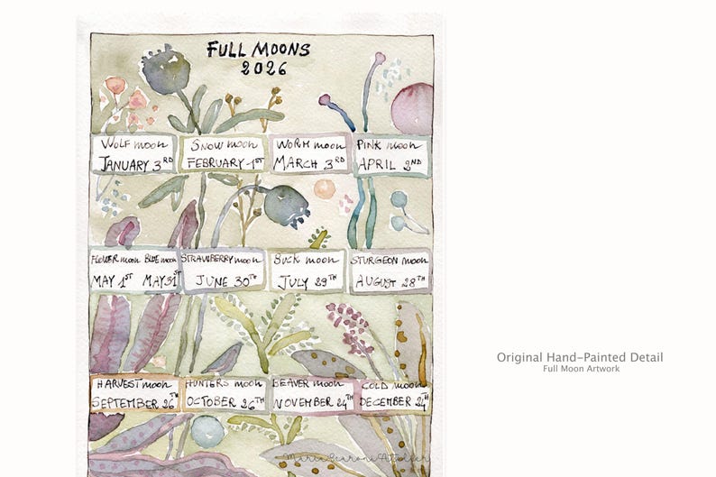 Full Moon Calendar 2026 Hand Painted – Illustrated Lunar Wall Art ...