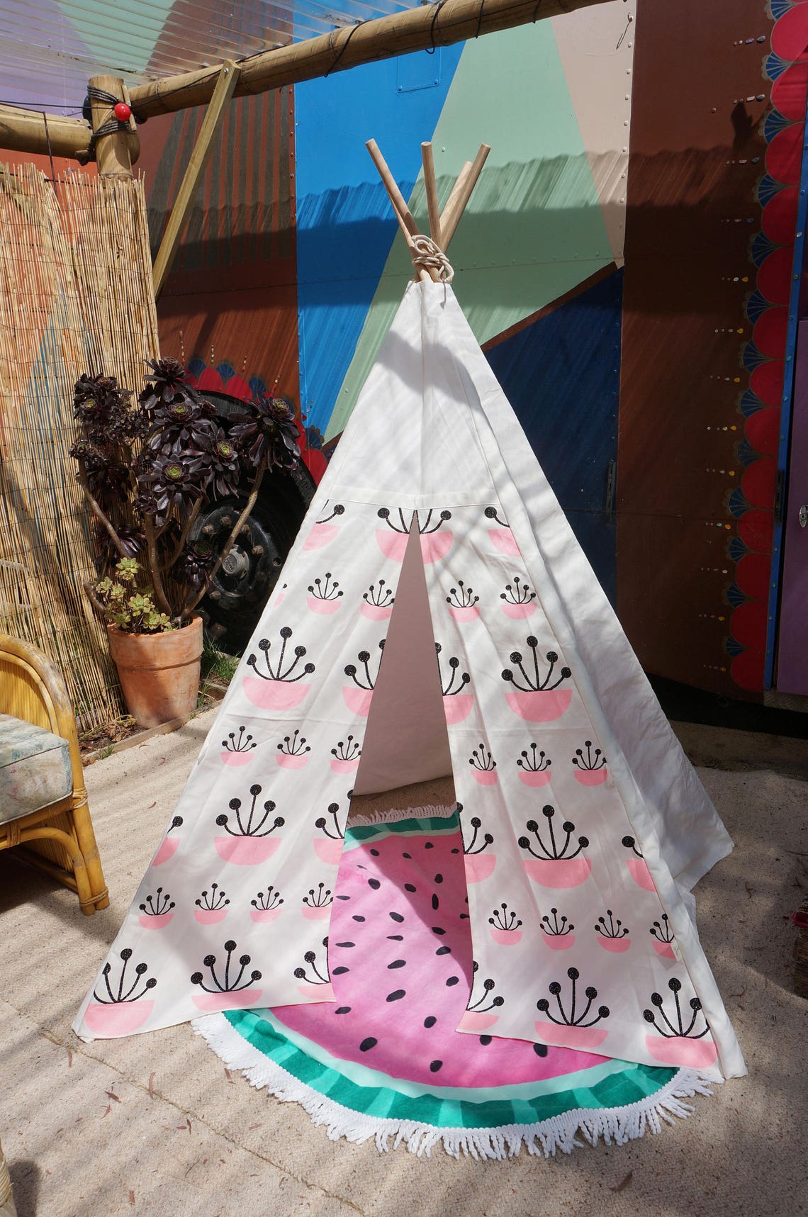 Kids Teepee - White Pink Flower Teepee // Teepee Tent // Canvas Linen ...
