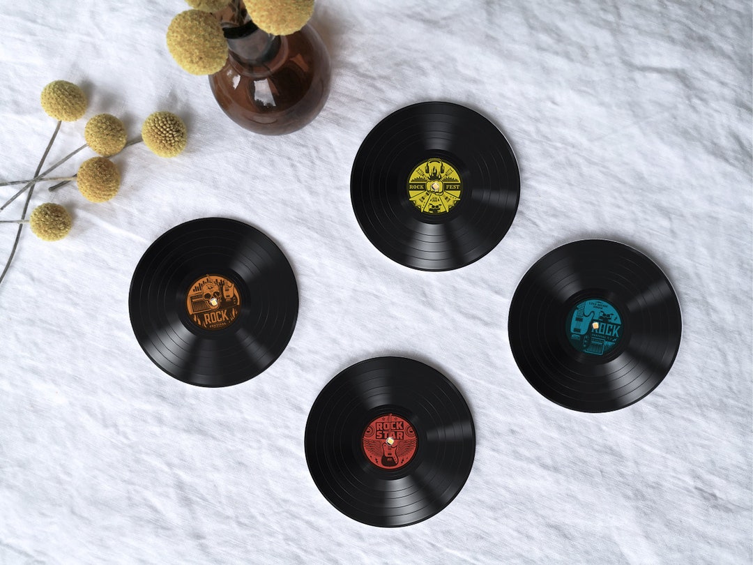 Interluxe LED Coasters ROUND Set of 4 Vinyl ROCK Record Motif Retro ...