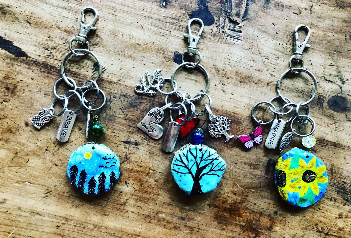Sculpey Clay Charm Handpainted Keychains Nature Keychains - Etsy