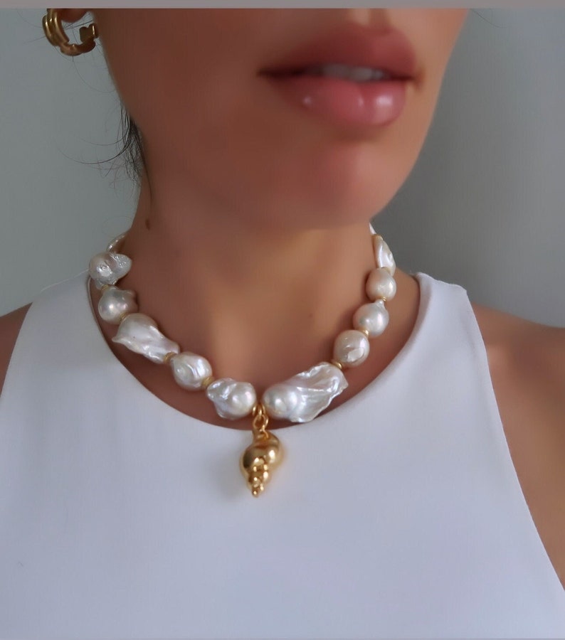 Conch Shell Pearl Choker, Freshwater Pearl Choker, Baroque Pearl ...