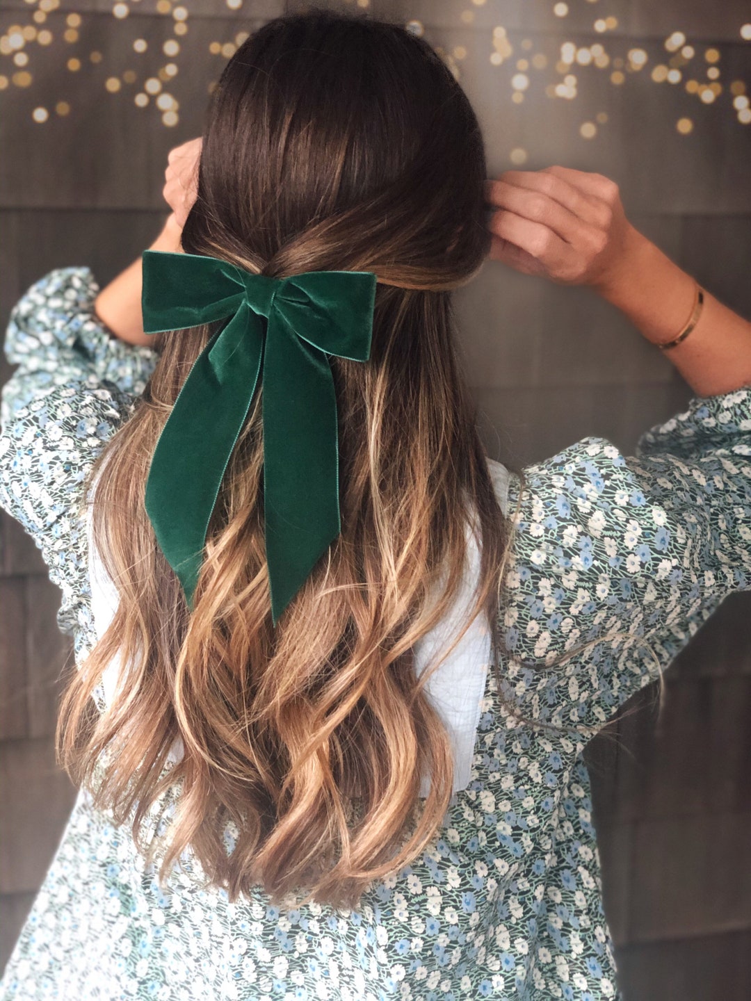 Green Velvet Hair Bow, Brigitte Hair Bow Barrette (slim), Dark Green ...