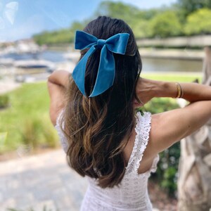 Brigitte Hair Bow Barrette, Blue Hair Bow, Satin Hair Bow, Velvet Hair ...