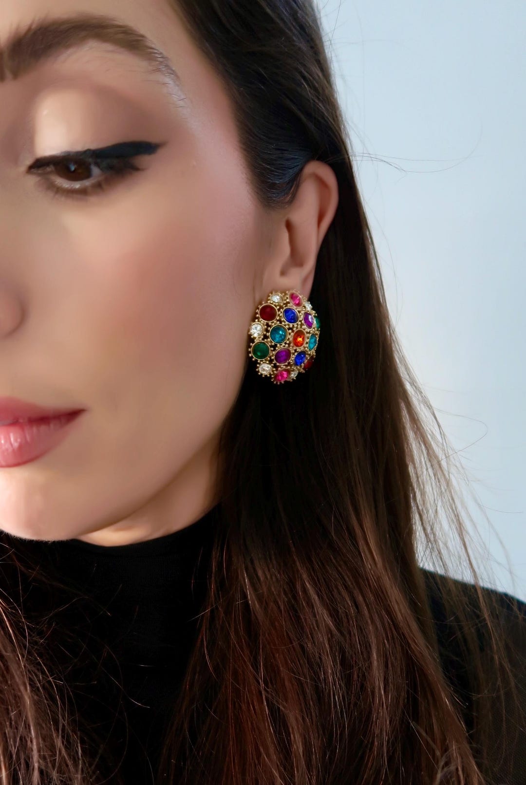 Vintage 1990s Multicolor Gold Clip on Earrings, Antique Earrings ...