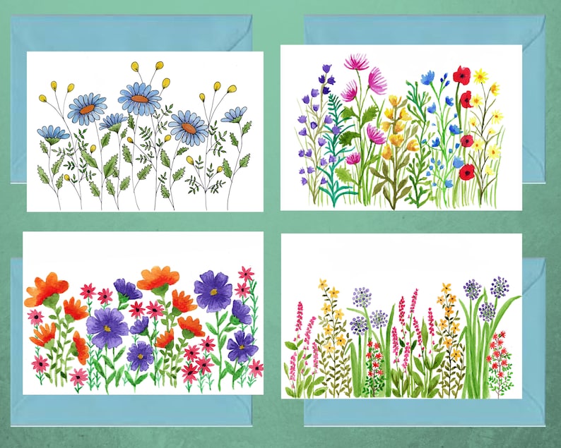 Set of 4 Watercolor Floral Cards, Printable Cards, Set of Flower Cards ...