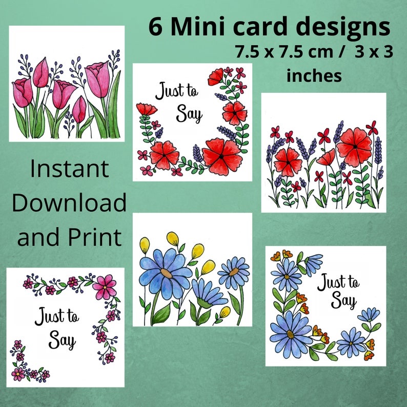 Set of 6 Floral Cards, Printable Mini Cards, Set of Flower Cards, Just ...