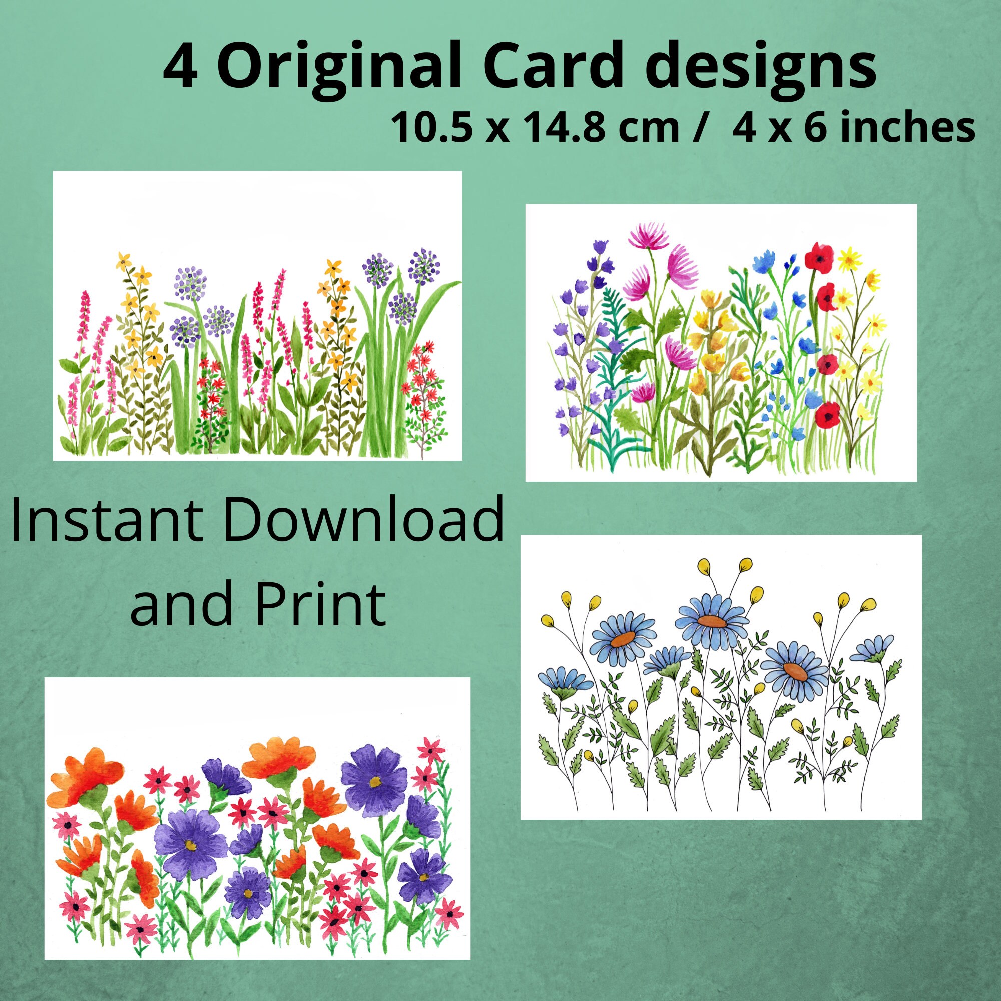 Set of 4 Watercolor Floral Cards, Printable Cards, Set of Flower Cards ...