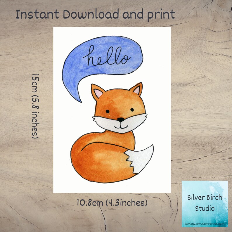Hello Greeting Card / Instant Download Hello Card / Cute Fox Card ...