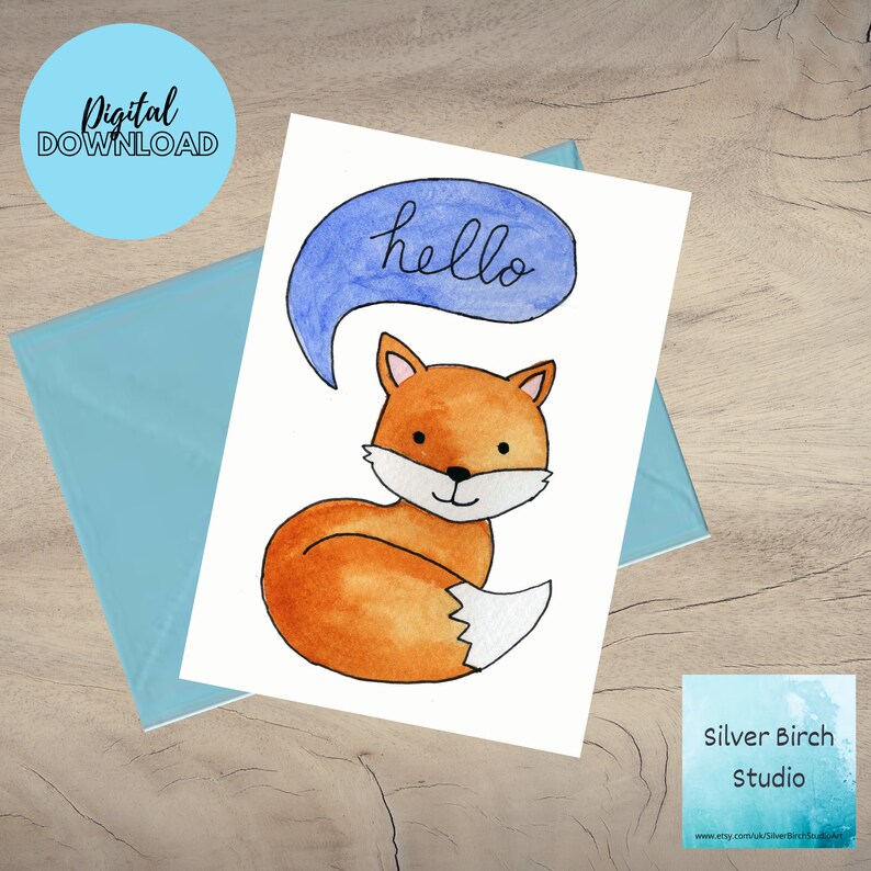 Hello Greeting Card / Instant Download Hello Card / Cute Fox Card ...