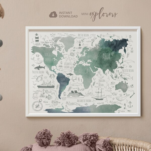 Navy Blue Map for Kids, Nautical Nursery Art, Printable World Map, Boys ...