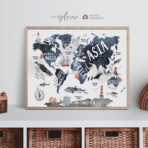 Nautical Nursery Art, Navy Blue Map for Kids, Printable World Map, Boys ...
