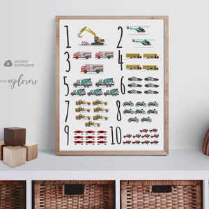 Learn Numbers Print, Printable Math Vehicles, Car Poster, Educational ...