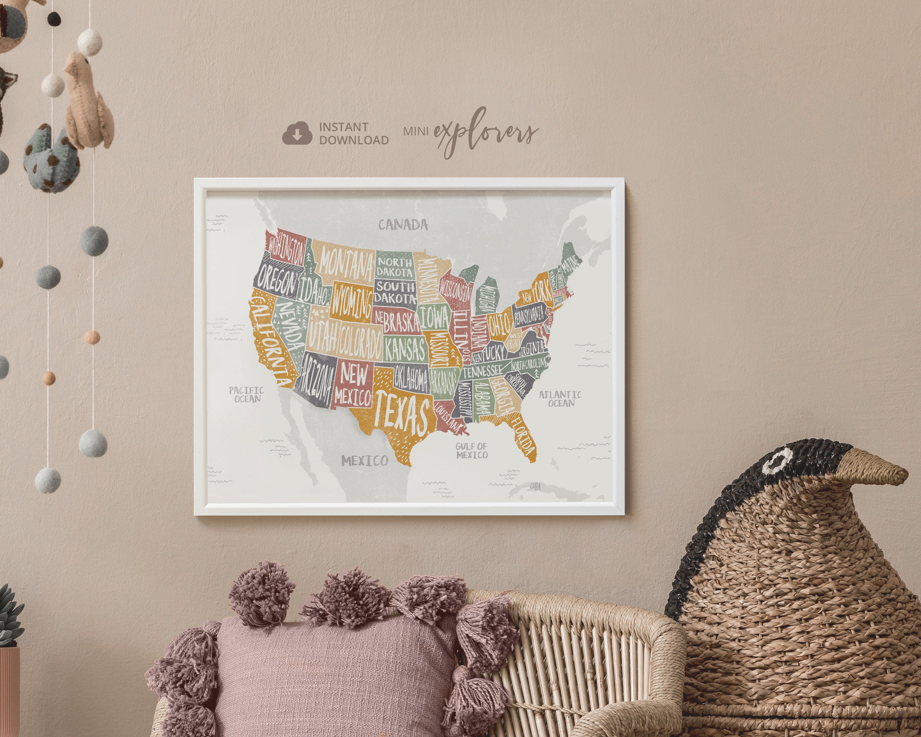 USA Map for Kids, Unites States Poster, Illustrated Map Print, Gender ...