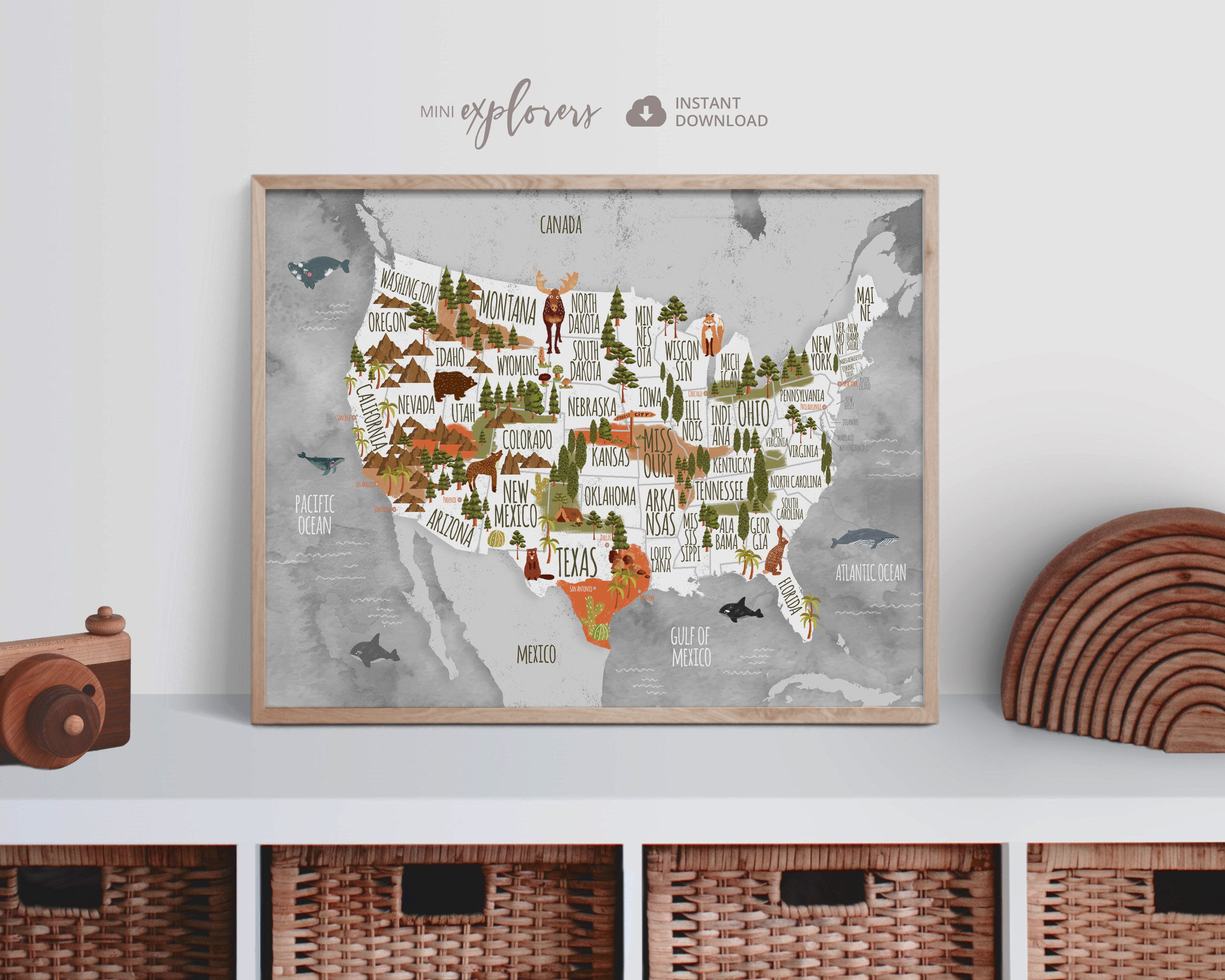 USA Map for Kids Unites States Poster Illustrated Map Print - Etsy