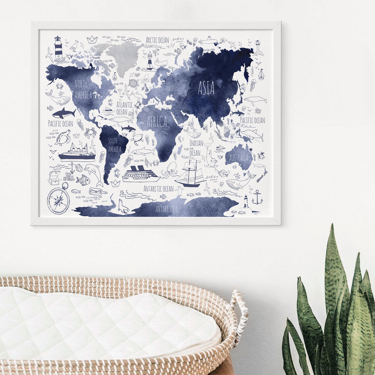 Navy Blue Map for Kids Nautical Nursery Art Printable World - Etsy