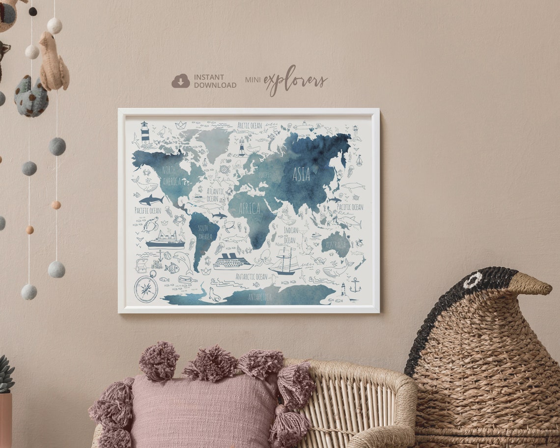 Watercolor World Map Print, Nautical Nursery Art, Kids Room Printable ...