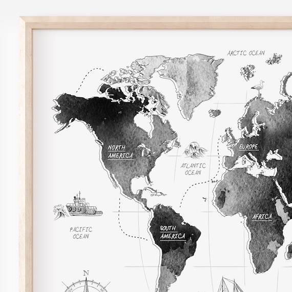 Map Of The World Black And White Labeled Continents