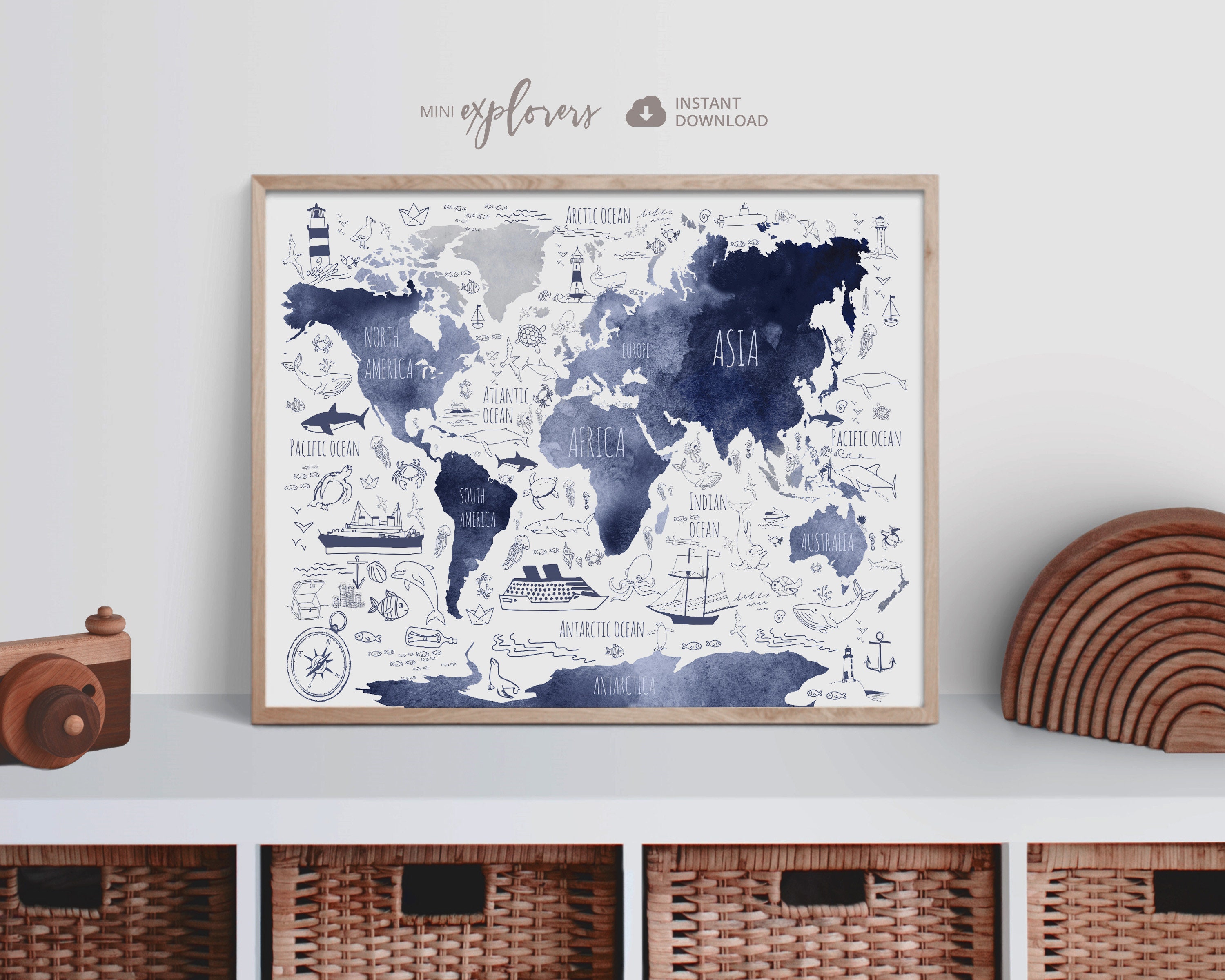 Navy Blue Map for Kids Nautical Nursery Art Printable World | Etsy UK