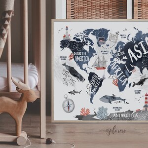 Nautical Nursery Art, Navy Blue Map for Kids, Printable World Map, Boys ...