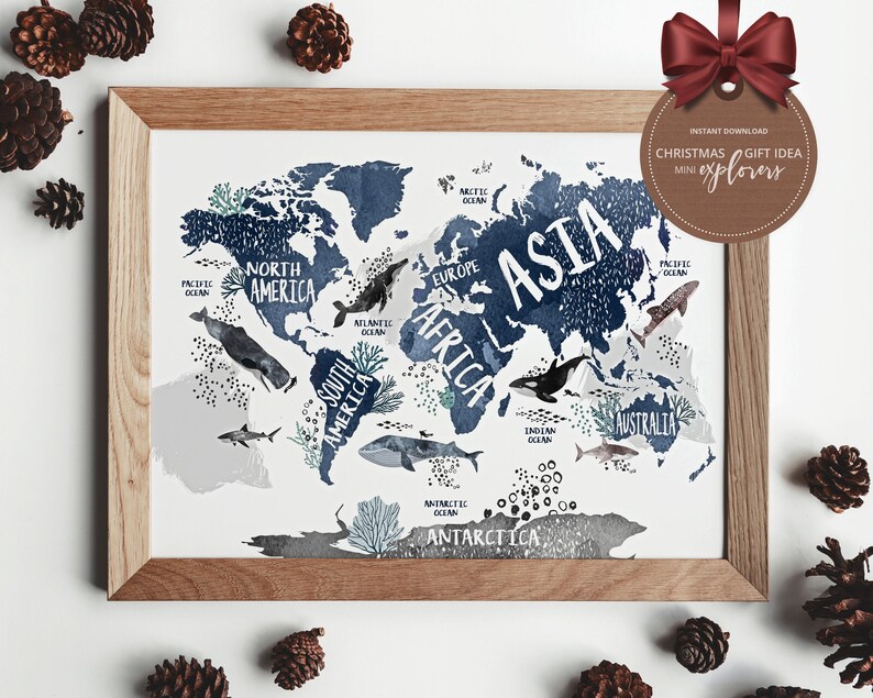 World map print with whales and sharks Nautical nursery art | Etsy