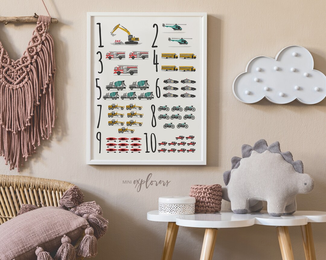 Learn Numbers Print, Printable Math Vehicles, Car Poster, Educational ...