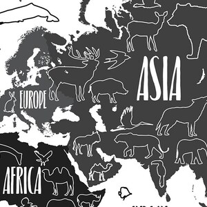 Animal Map Nursery, Monochrome Kids Map, World Map Poster, Black and ...