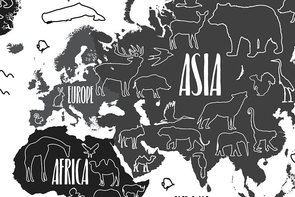 Animal Map Nursery Monochrome Kids Map World Map Poster - Etsy